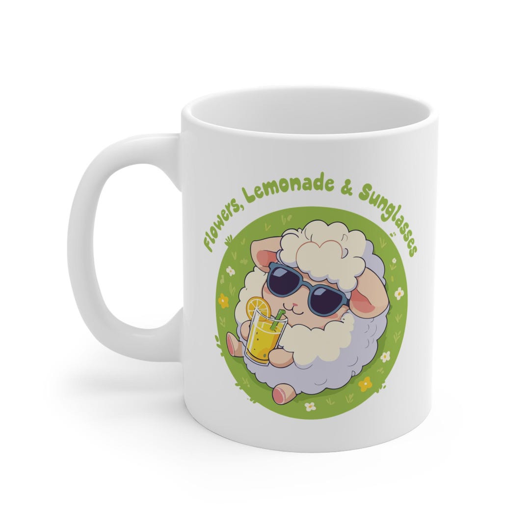 Fluffy Sheep in Meadow Drinking Lemonade Mug, Kawaii Sheep Cartoon Art ...