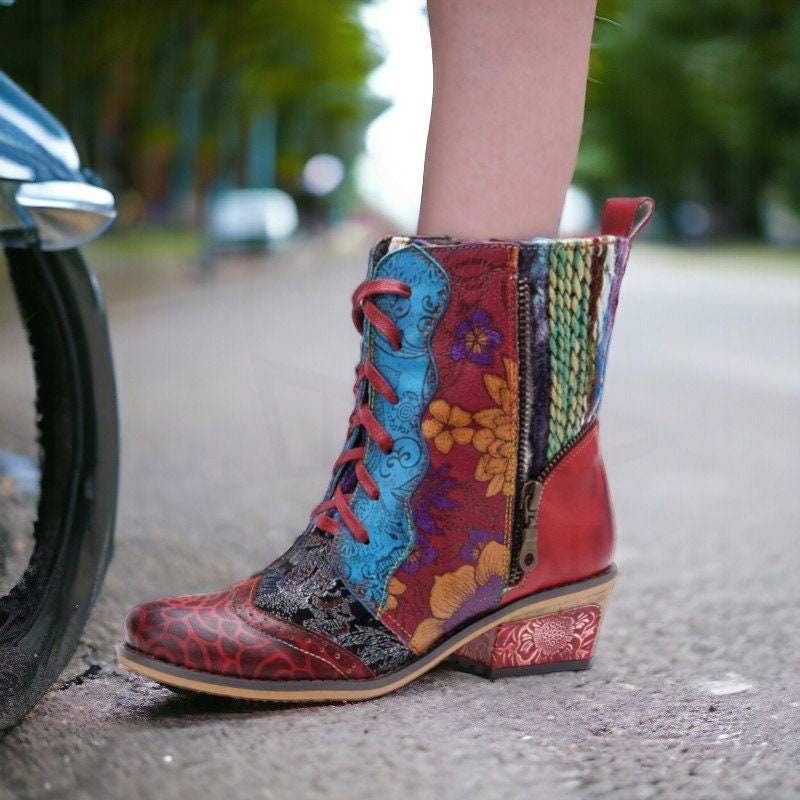 Floral Leather Boots,printed Leather Boots,lace up Ankle Boot,patchwork ...
