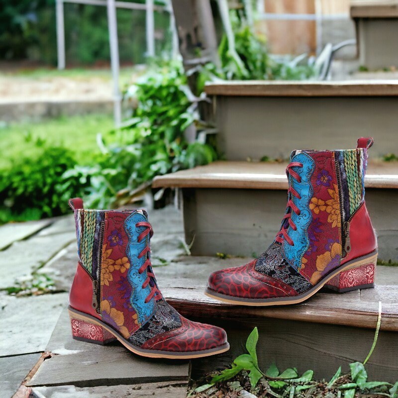 Floral Leather Boots,printed Leather Boots,lace up Ankle Boot,patchwork ...