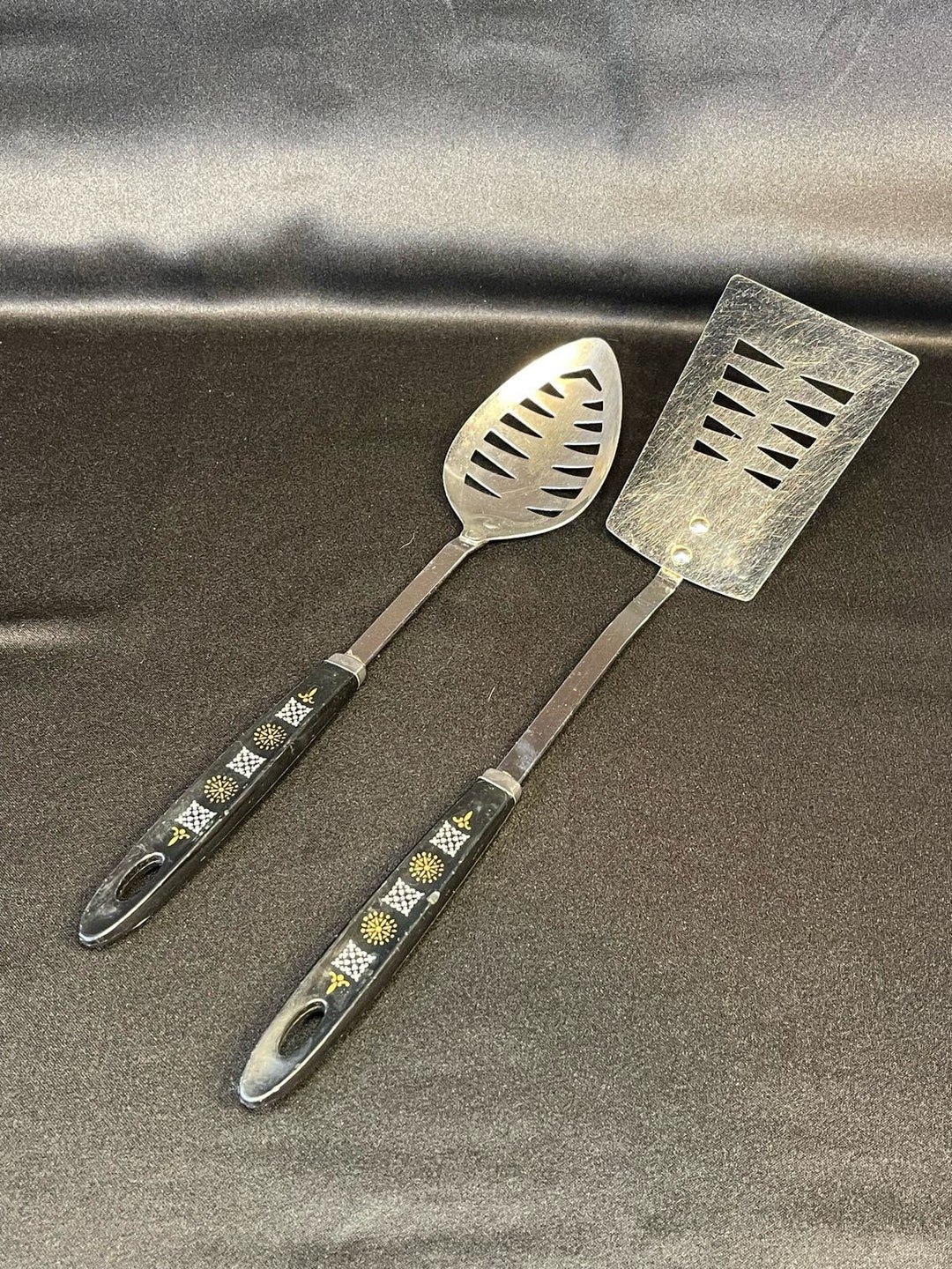 Androck Stainless Slotted Spatula & Spoon USA Black Plastic Handle W ...