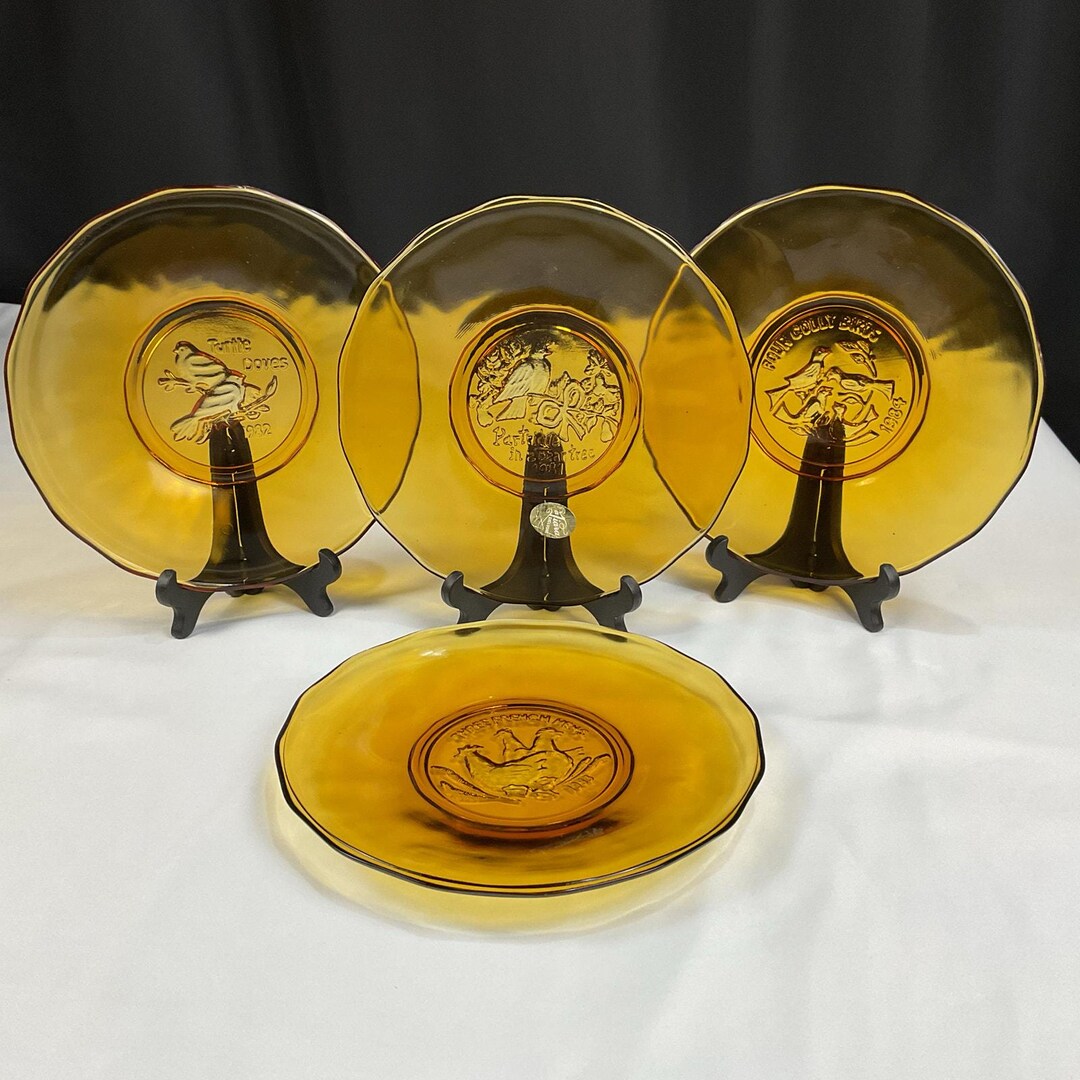 Tiara Glass Amber Plates Set of 4 12 Days of Christmas ‘81,’82, ‘83 ...