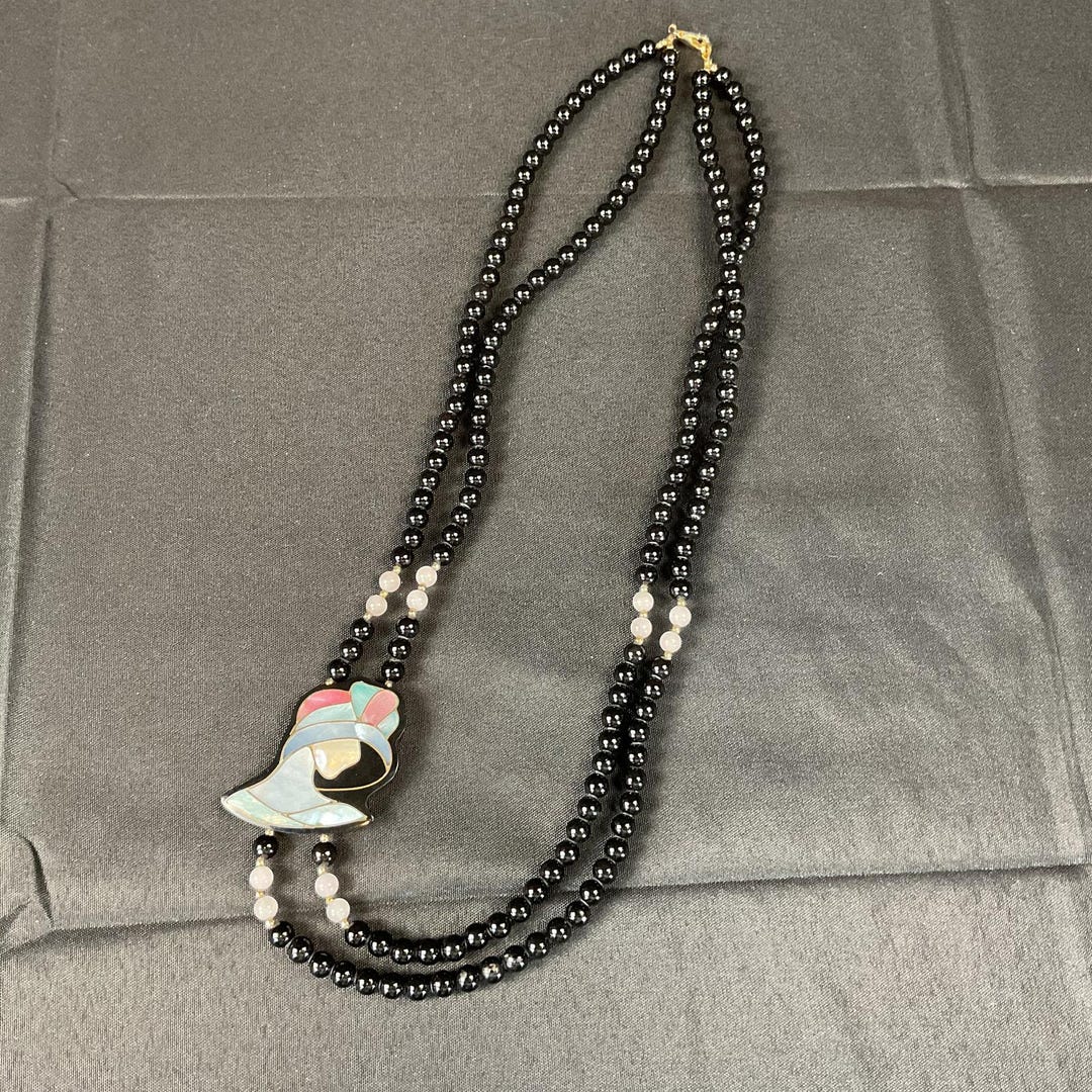 Lee Sands Pastel MOP Inlay Lady in Hat Double Strand Beaded Necklace ...