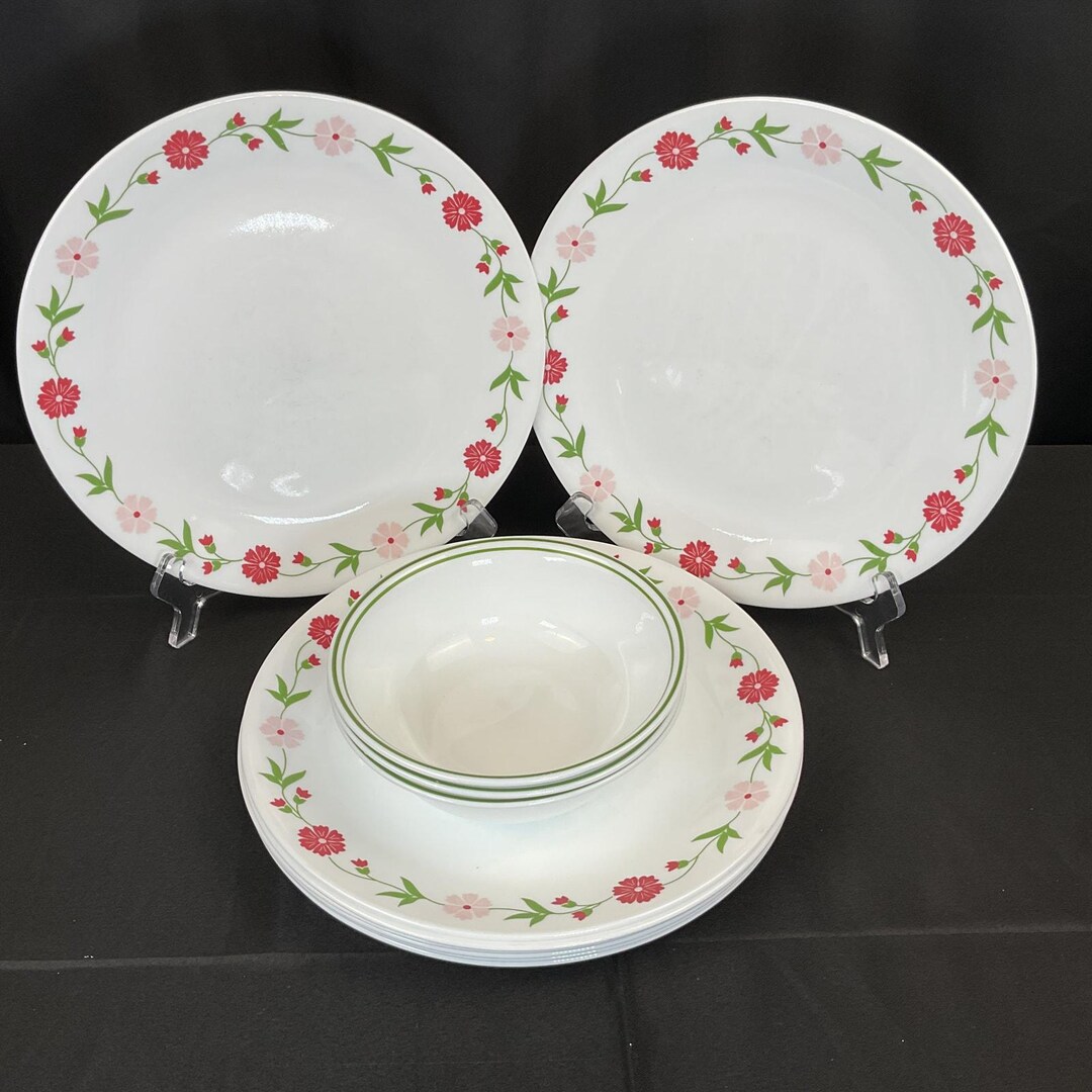 11 Pc. Corelle spring Pink Floral Dinner Plate 3 rosemarie Bowls Green ...