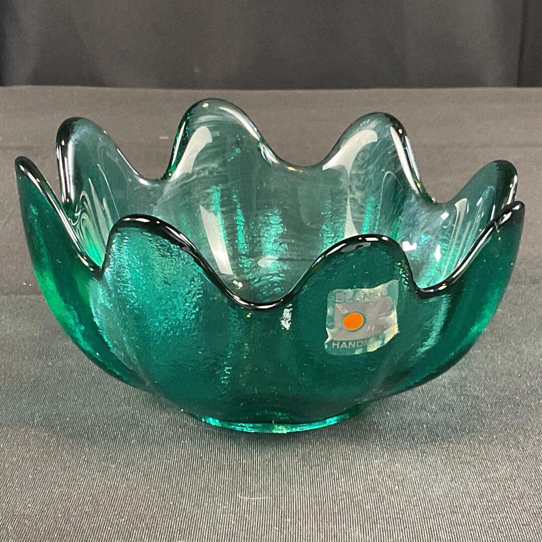 Vintage Blenko Lotus Flower Teal Glass Bowl Original Tag 8 Petals MCM ...