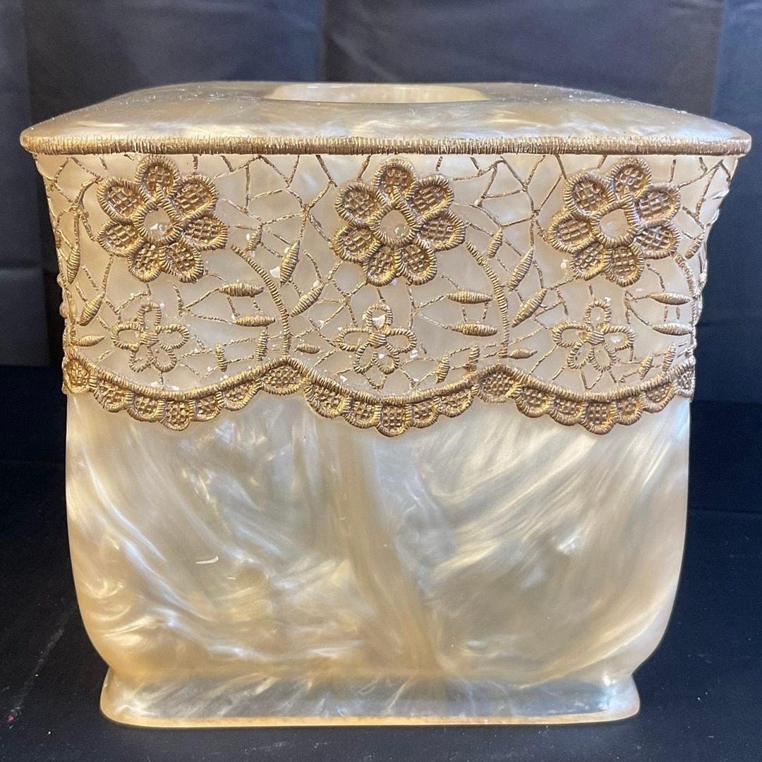 Mimosa Tissue Box Cover With Faux Marble & Lace Gold Floral Trim Art ...