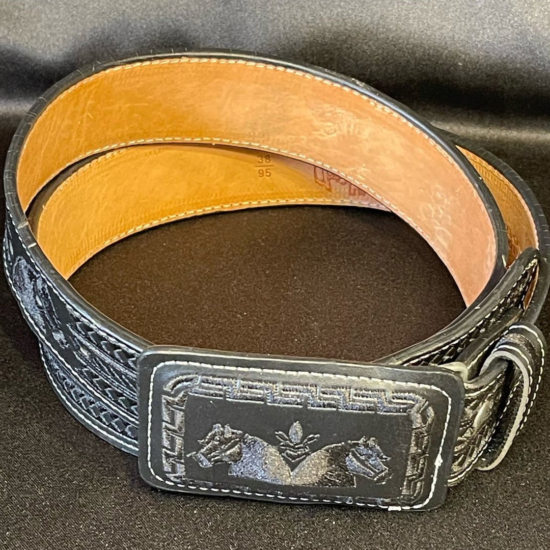 YAC Leather and Silk Black Horse Head Design Belt and Buckle 38 - Etsy