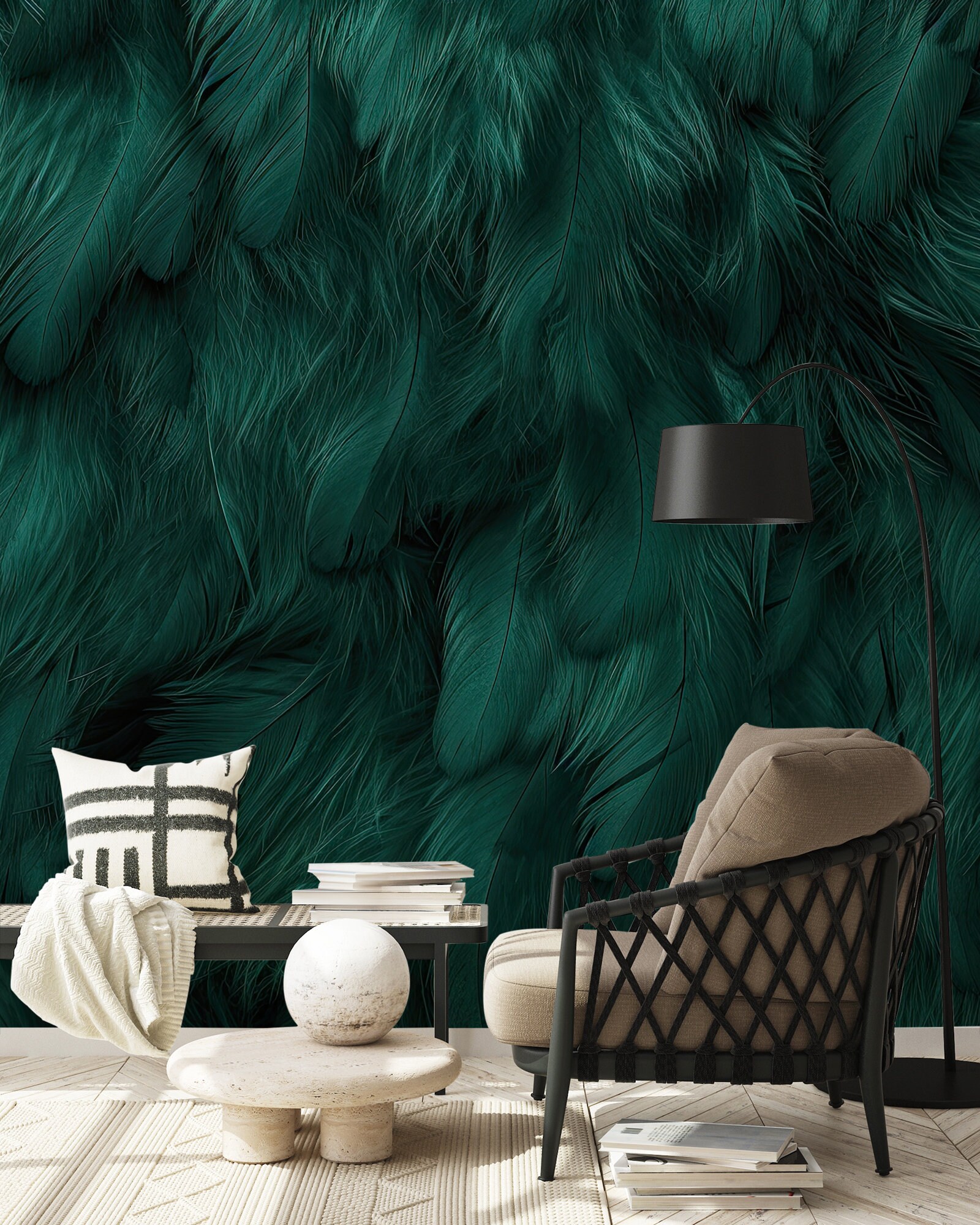 Dark Teal Feathers Wallpaper, Feather Print | Wall Decor | Home ...