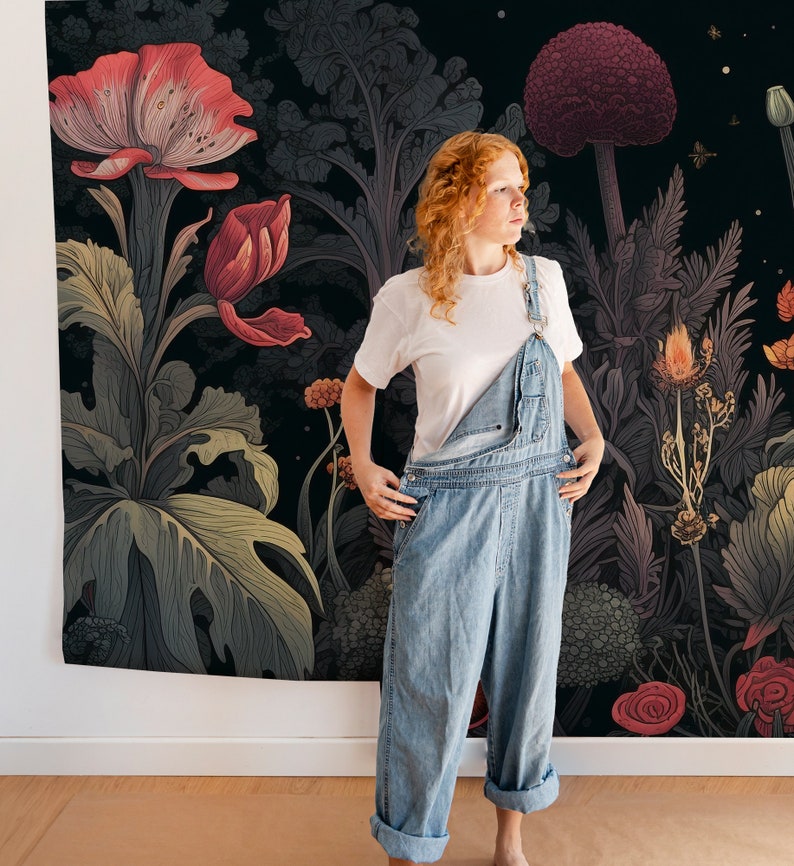 Abstract Dark Wallpaper With Pant and Flower Wall Decor Home Renovation ...