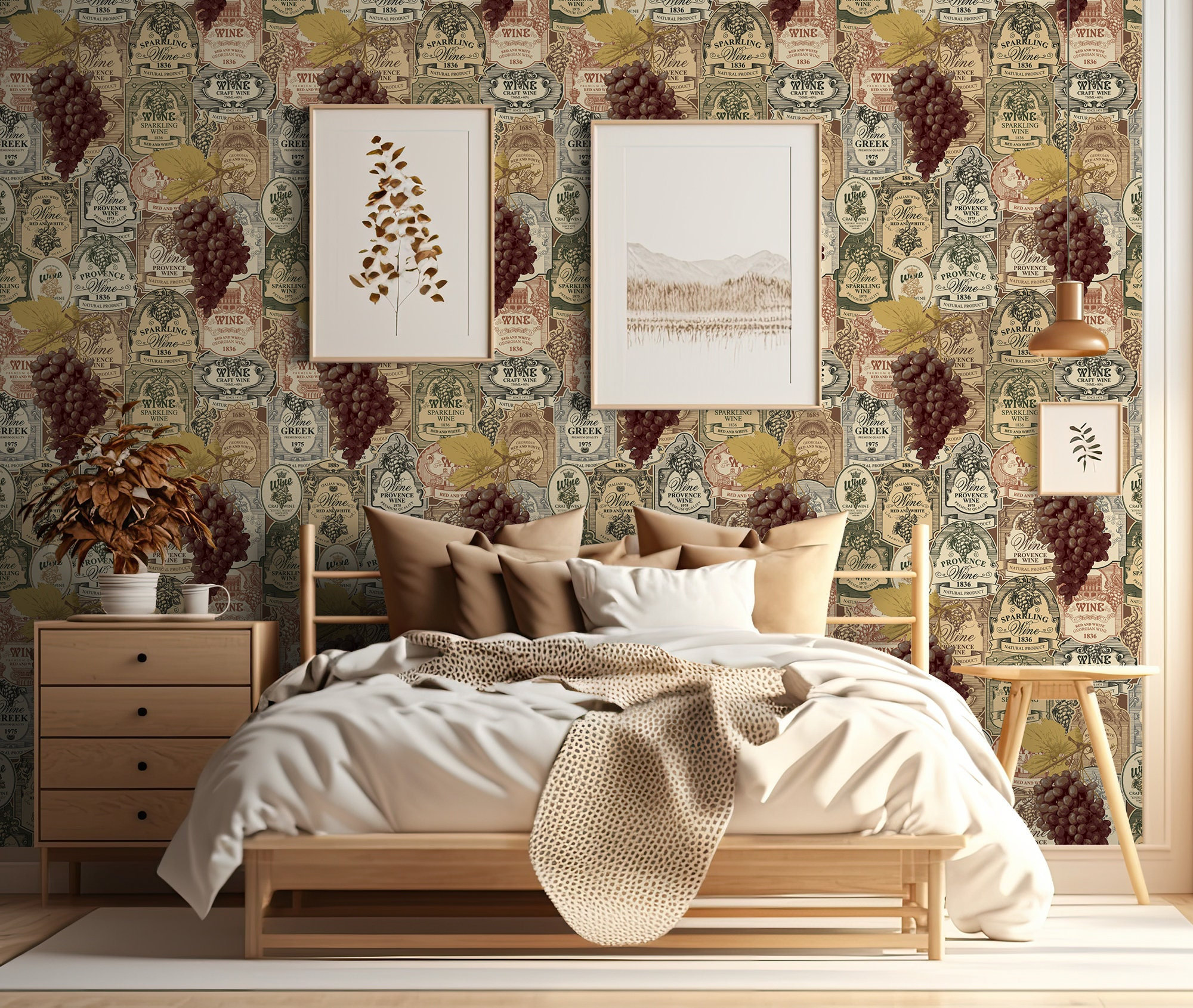 Retro Wine Label Wallpaper, Grape and Leaf | Wall Decor | Home ...