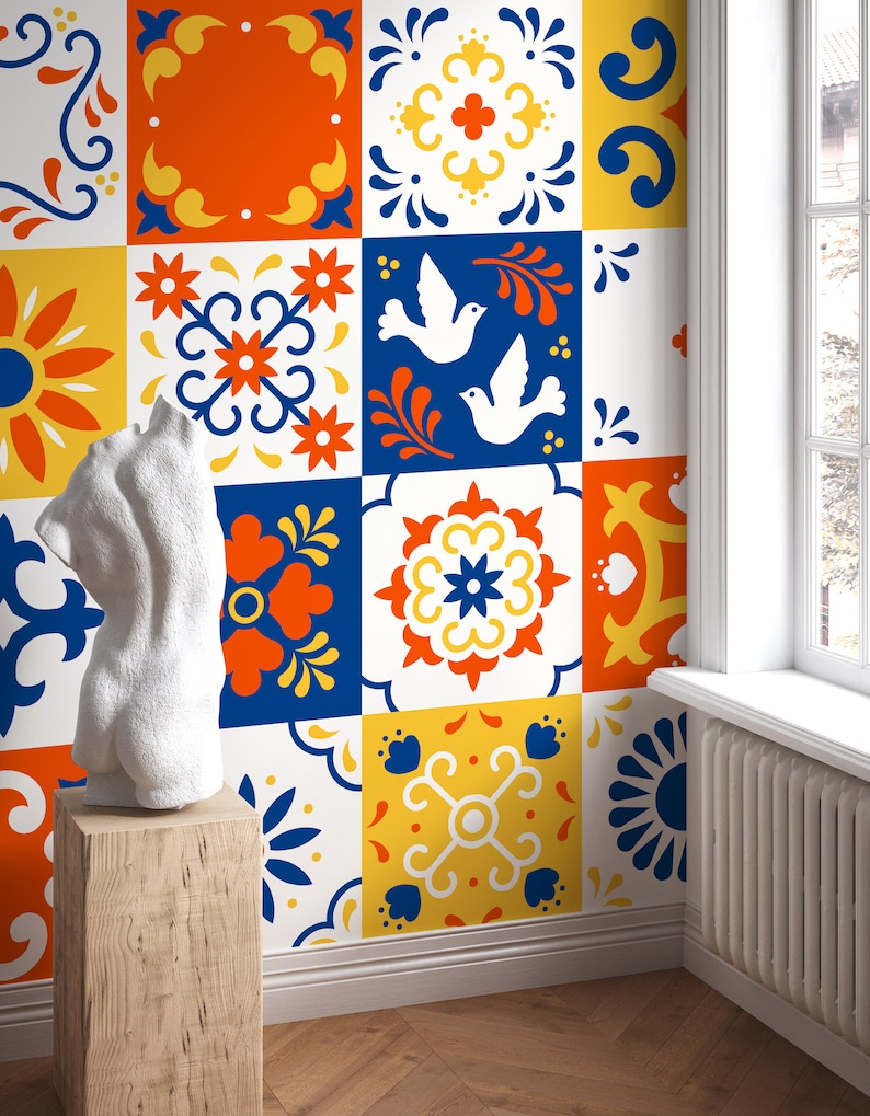 Mexican Tile Wallpaper With Flower and Leaf | Wall Decor | Home ...