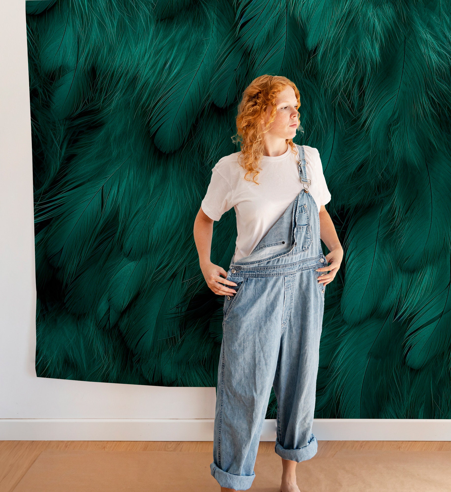 Dark Teal Feathers Wallpaper, Feather Print | Wall Decor | Home ...
