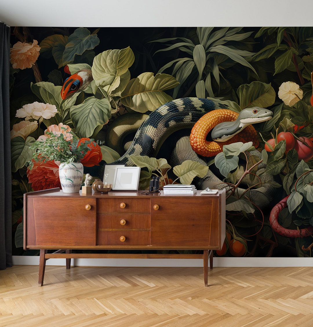 Snake & Tropical Plants Dark Botanical Mural | Wall Decor | Home ...