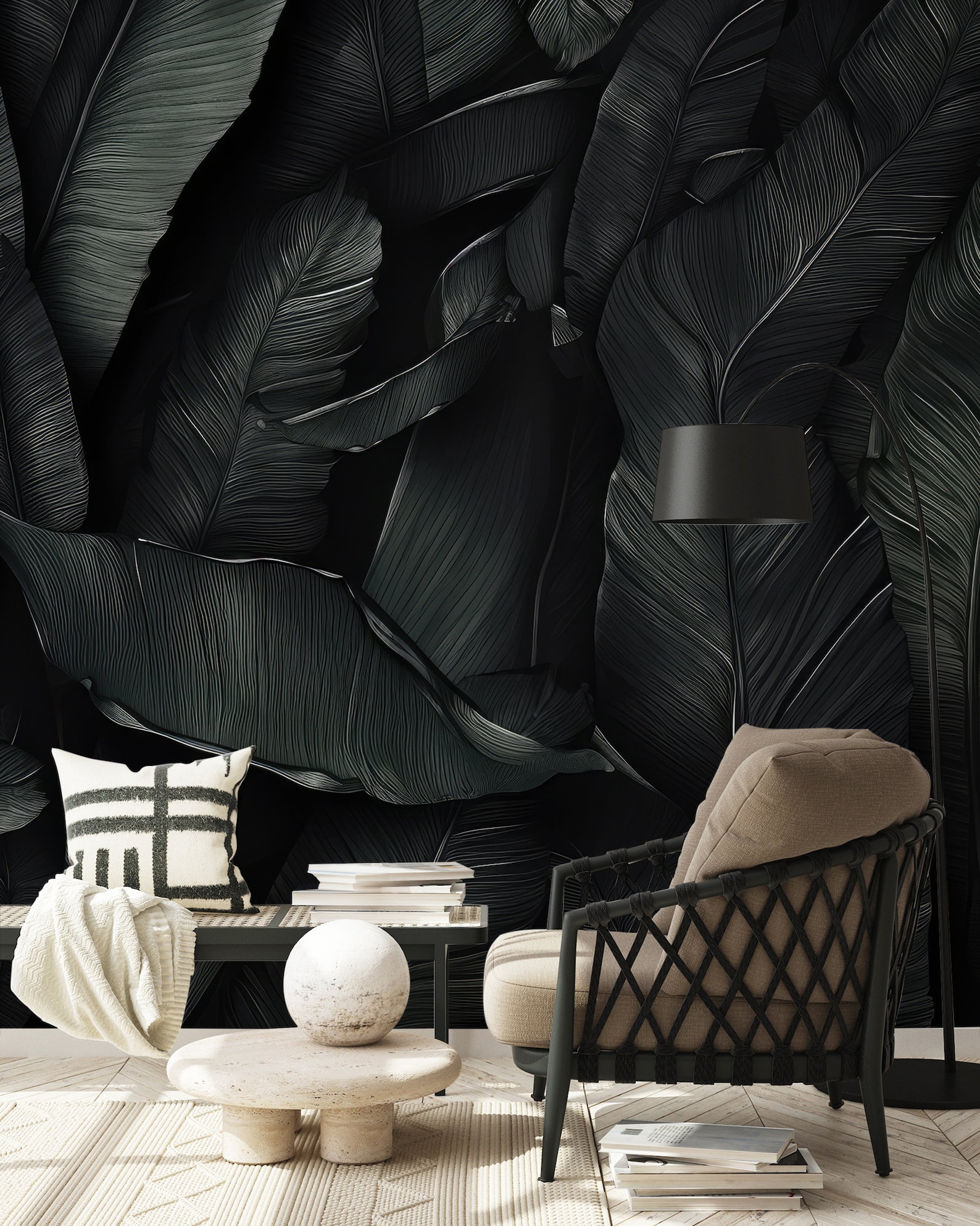 Black Wallpaper, Tropical Leaf Wall Mural Wall Decor Home Renovation ...