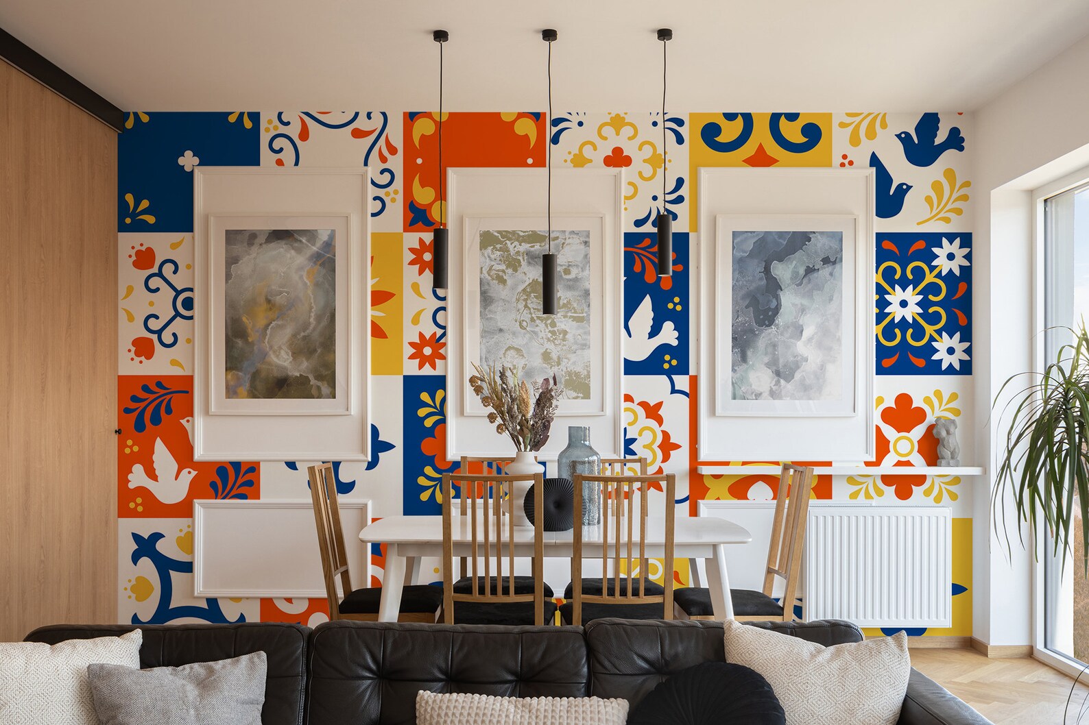 Mexican Tile Wallpaper With Flower and Leaf | Wall Decor | Home ...