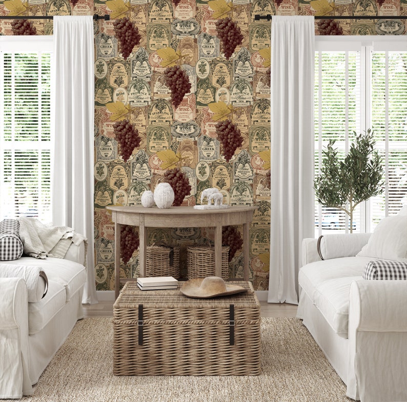 Retro Wine Label Wallpaper, Grape and Leaf | Wall Decor | Home ...