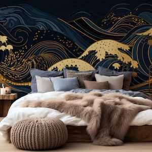 Japanese Style Wall Mural, Wave Pattern | Wall Decor | Home Renovation ...