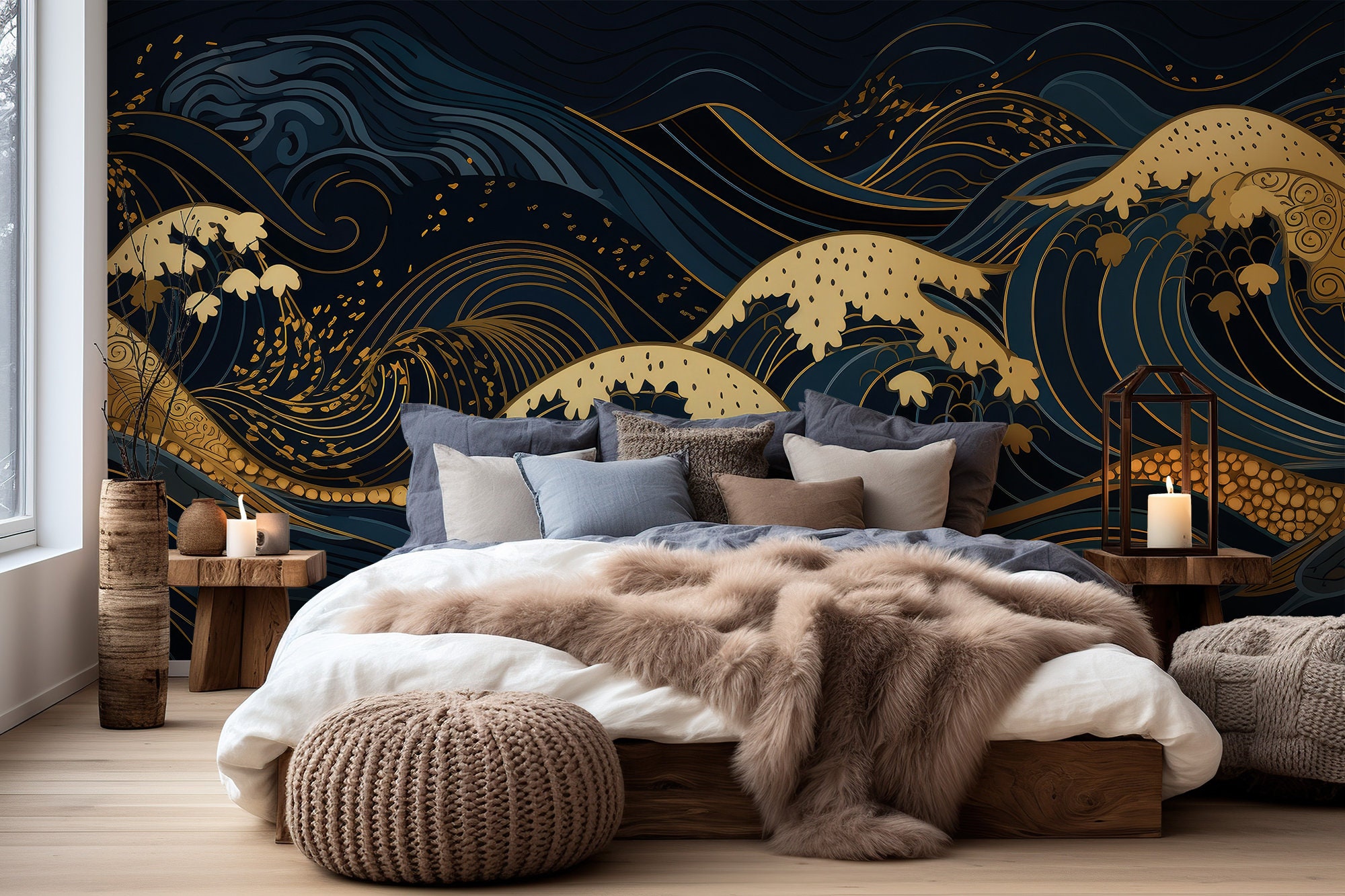 Japanese Style Wall Mural, Wave Pattern | Wall Decor | Home Renovation ...