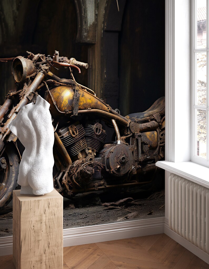 Dark Wallpaper With an Old Motorcycle | Wall Decor | Home Renovation ...
