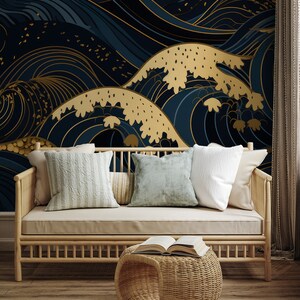 Japanese Style Wall Mural, Wave Pattern | Wall Decor | Home Renovation ...