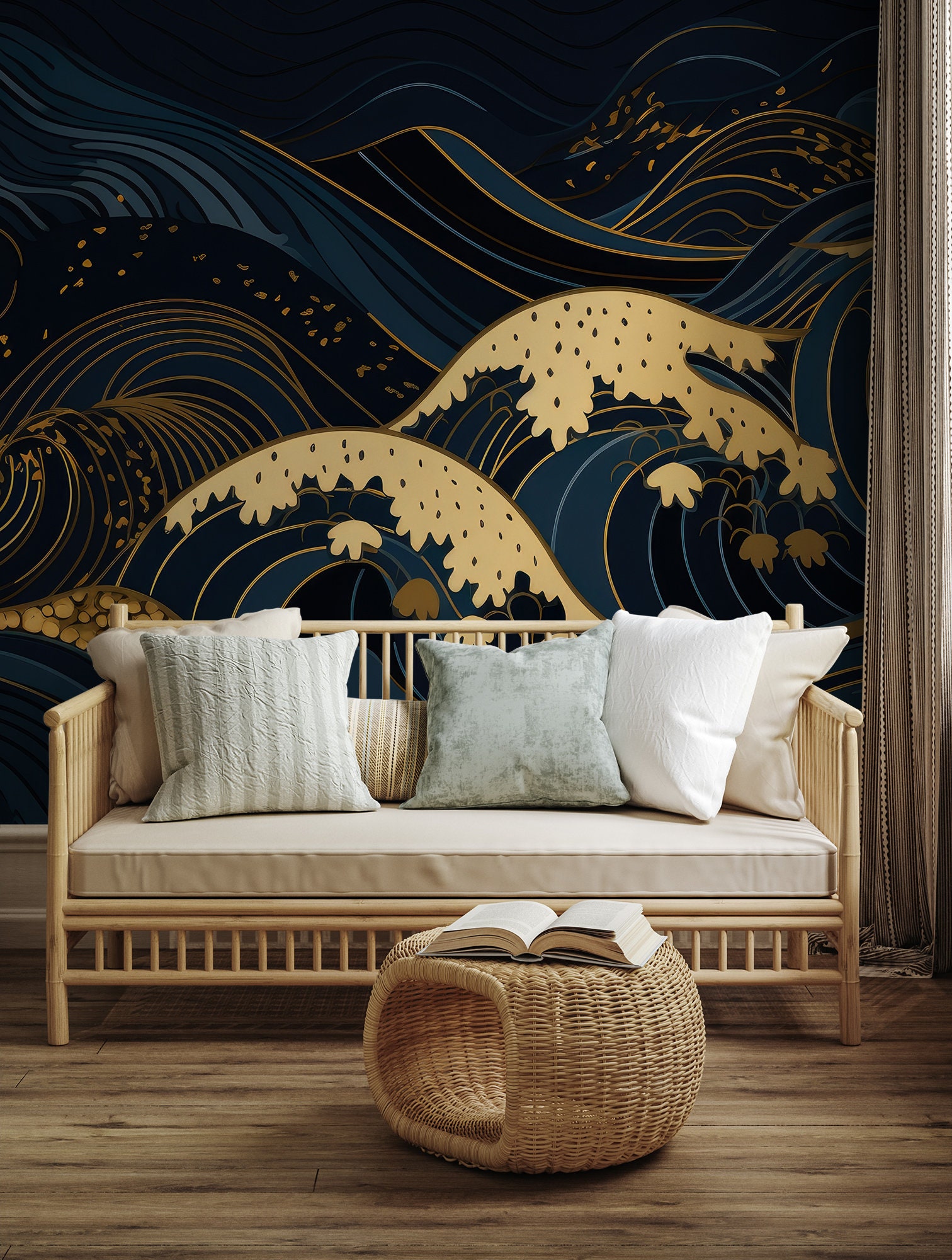 Japanese Style Wall Mural, Wave Pattern | Wall Decor | Home Renovation ...