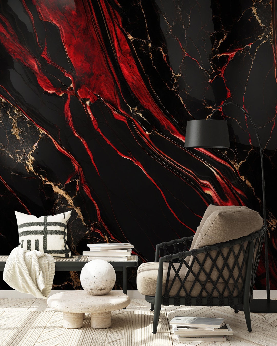 Black & Red Dark Marble Wall Mural | Wall Decor | Home Renovation ...