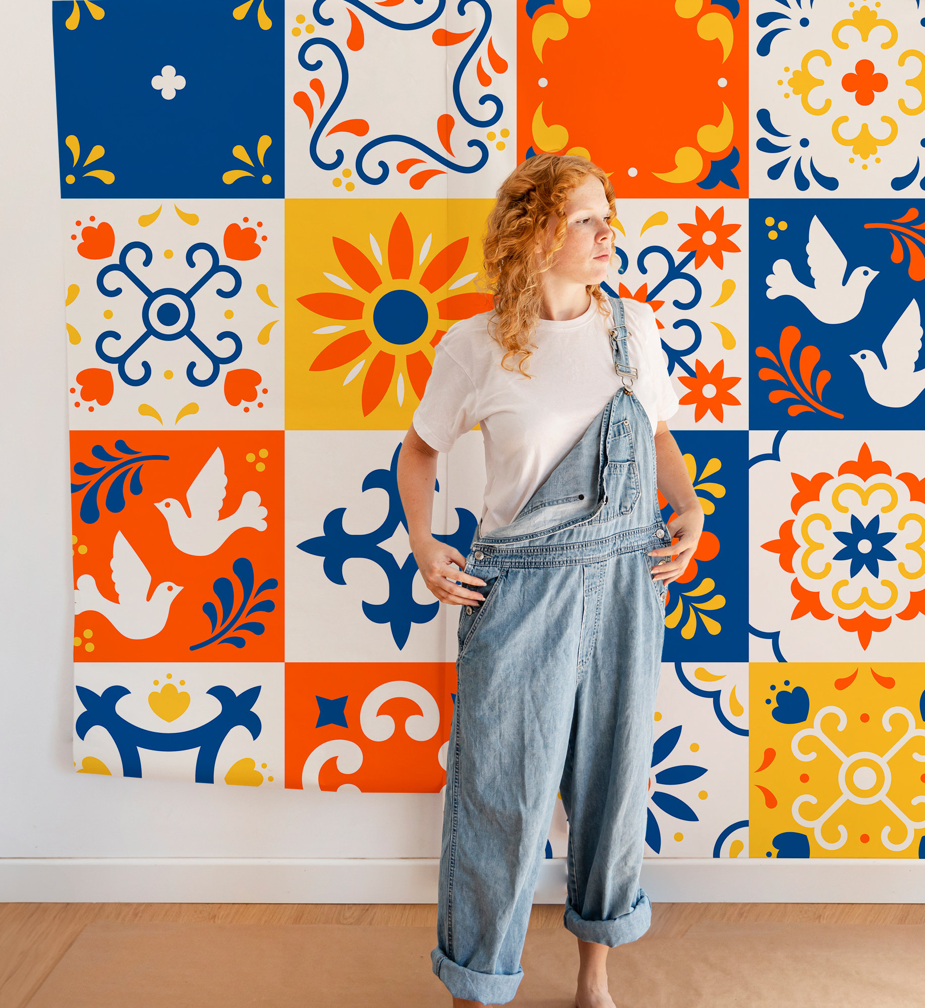 Mexican Tile Wallpaper With Flower and Leaf | Wall Decor | Home ...