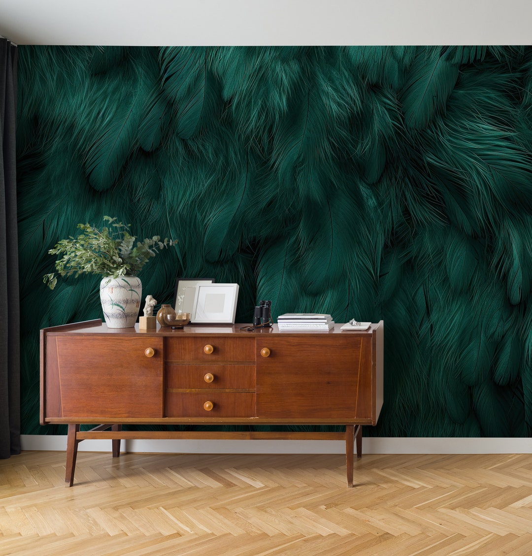 Dark Teal Feathers Wallpaper, Feather Print | Wall Decor | Home ...