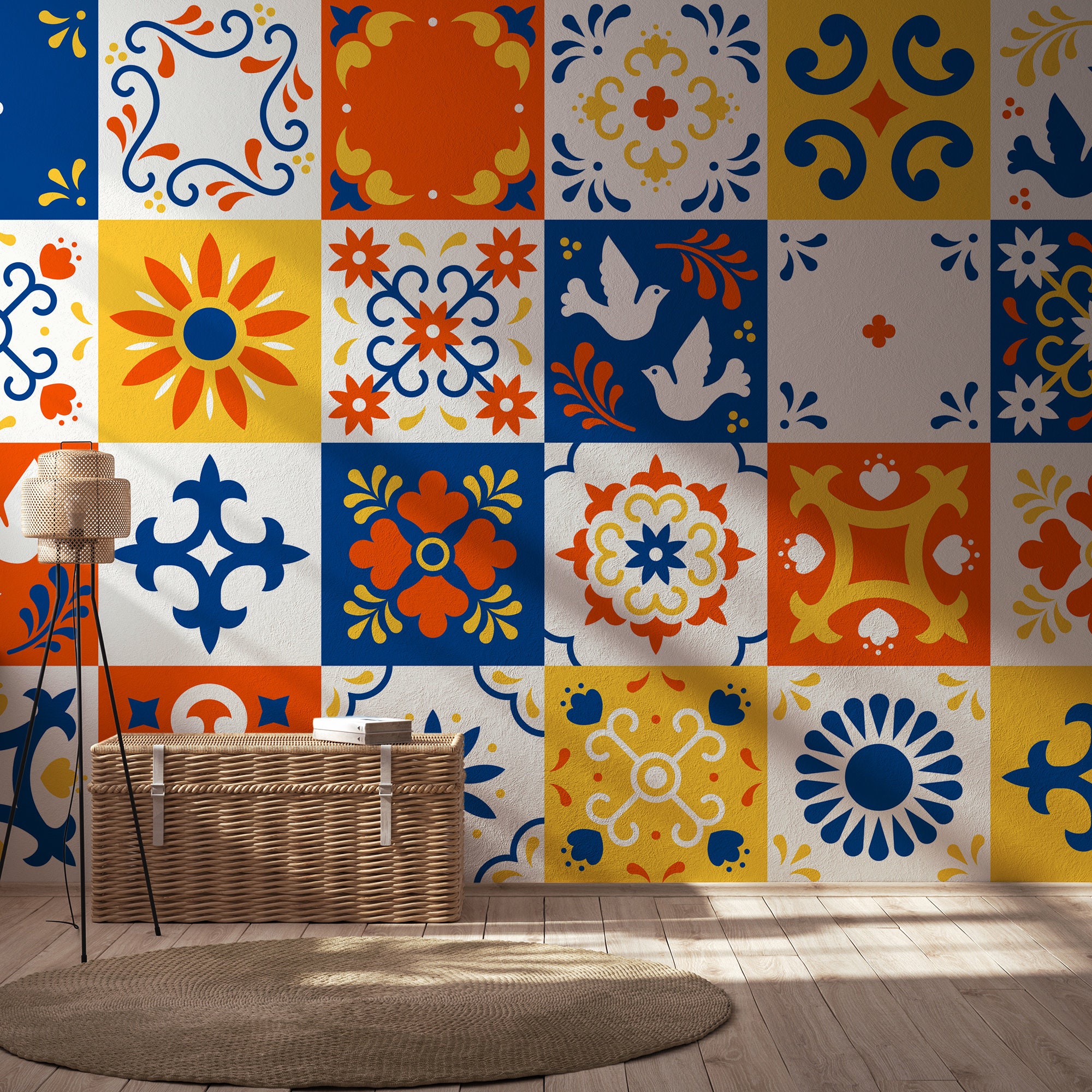 Mexican Tile Wallpaper With Flower and Leaf | Wall Decor | Home ...