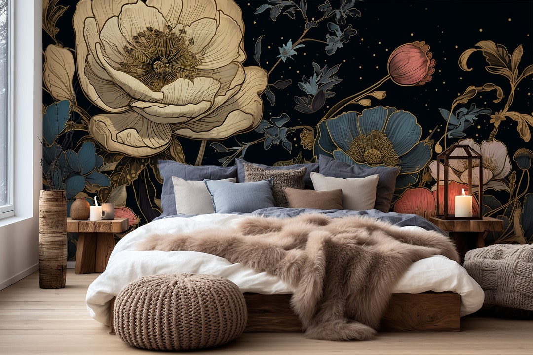 Anemone Flowers Dark Floral Wall Mural | Wall Decor | Home Renovation ...