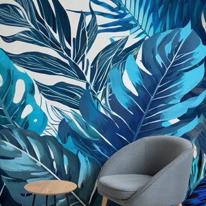 Blue Tropical Leaf Wallpaper | Wall Decor | Home Renovation | Wall Art ...