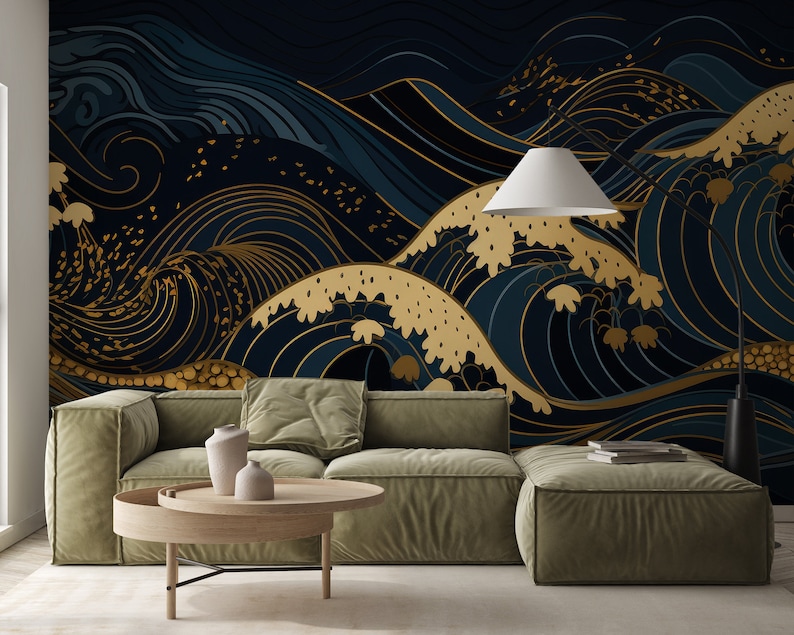 Japanese Style Wall Mural, Wave Pattern | Wall Decor | Home Renovation ...