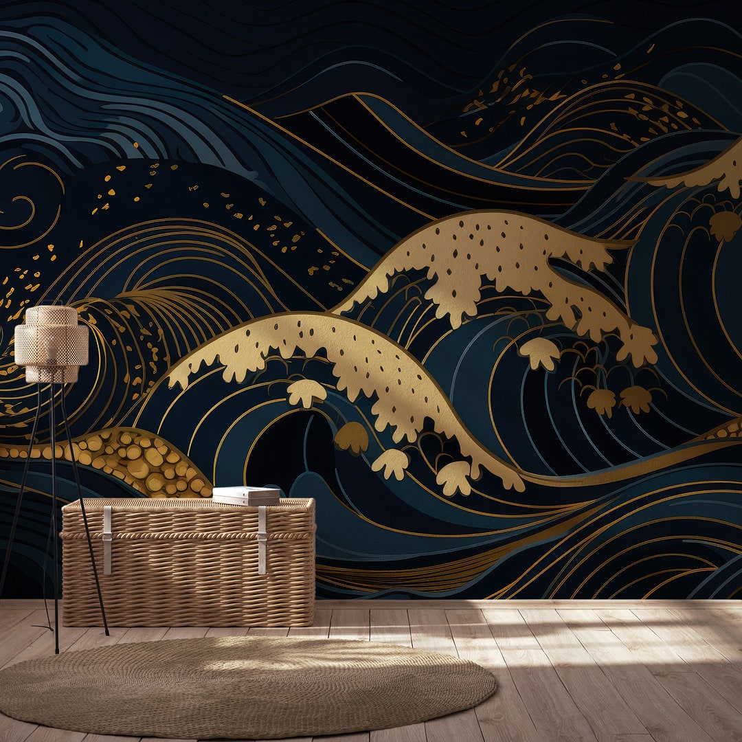Japanese Style Wall Mural, Wave Pattern | Wall Decor | Home Renovation ...