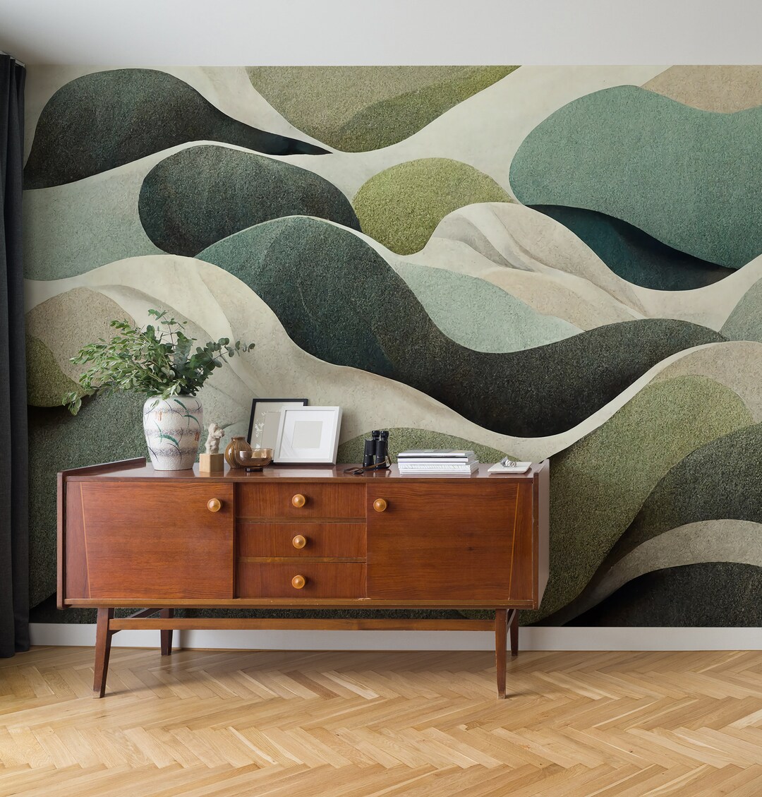 Green Wavy Modern Abstraction Wall Mural | Wall Decor | Home Renovation ...