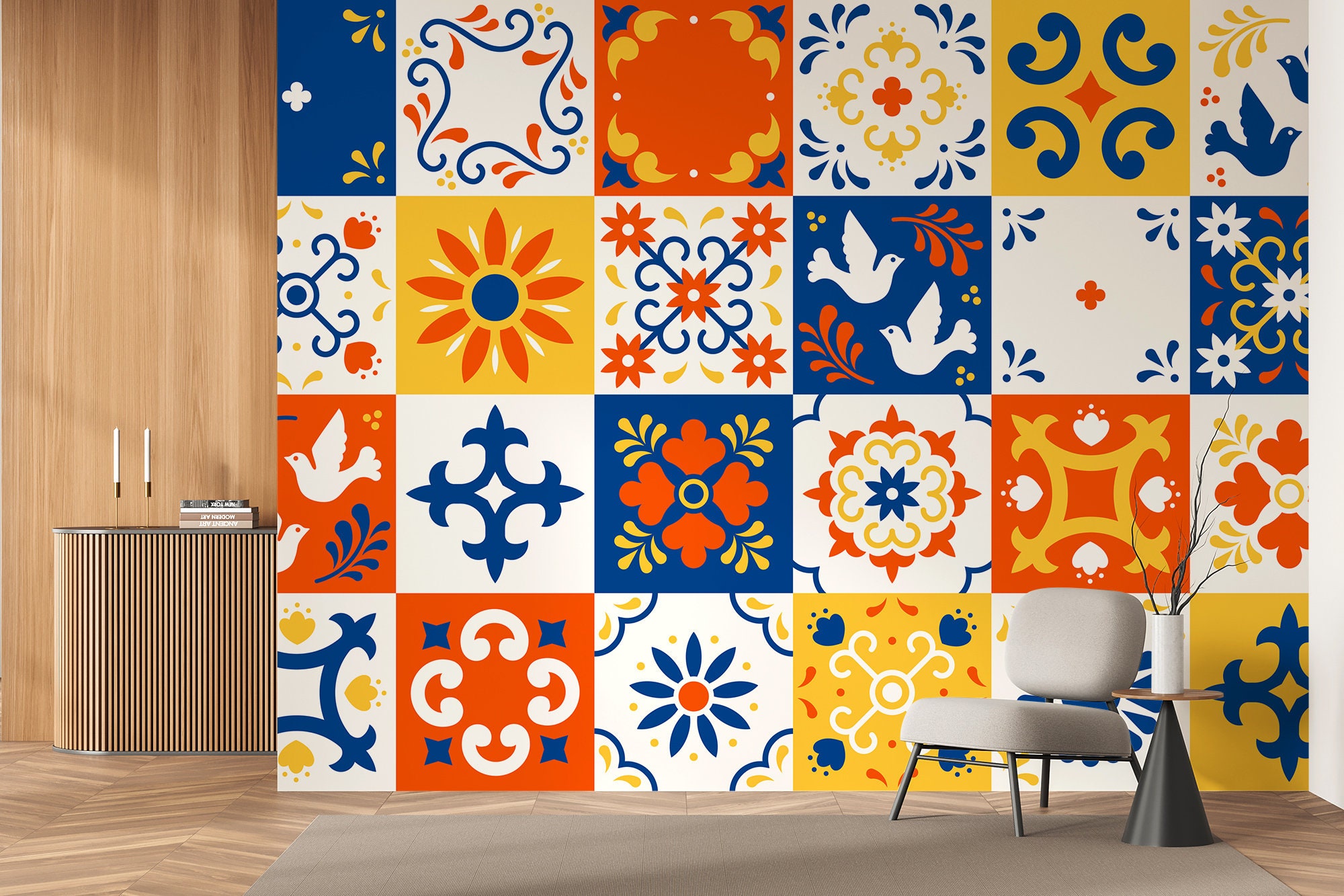 Mexican Tile Wallpaper With Flower and Leaf | Wall Decor | Home ...