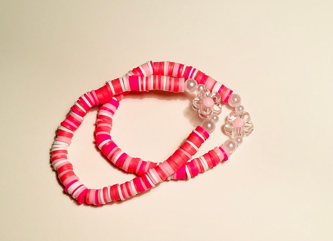 Preppy Pink Flower Clay Bead Bracelet - Etsy