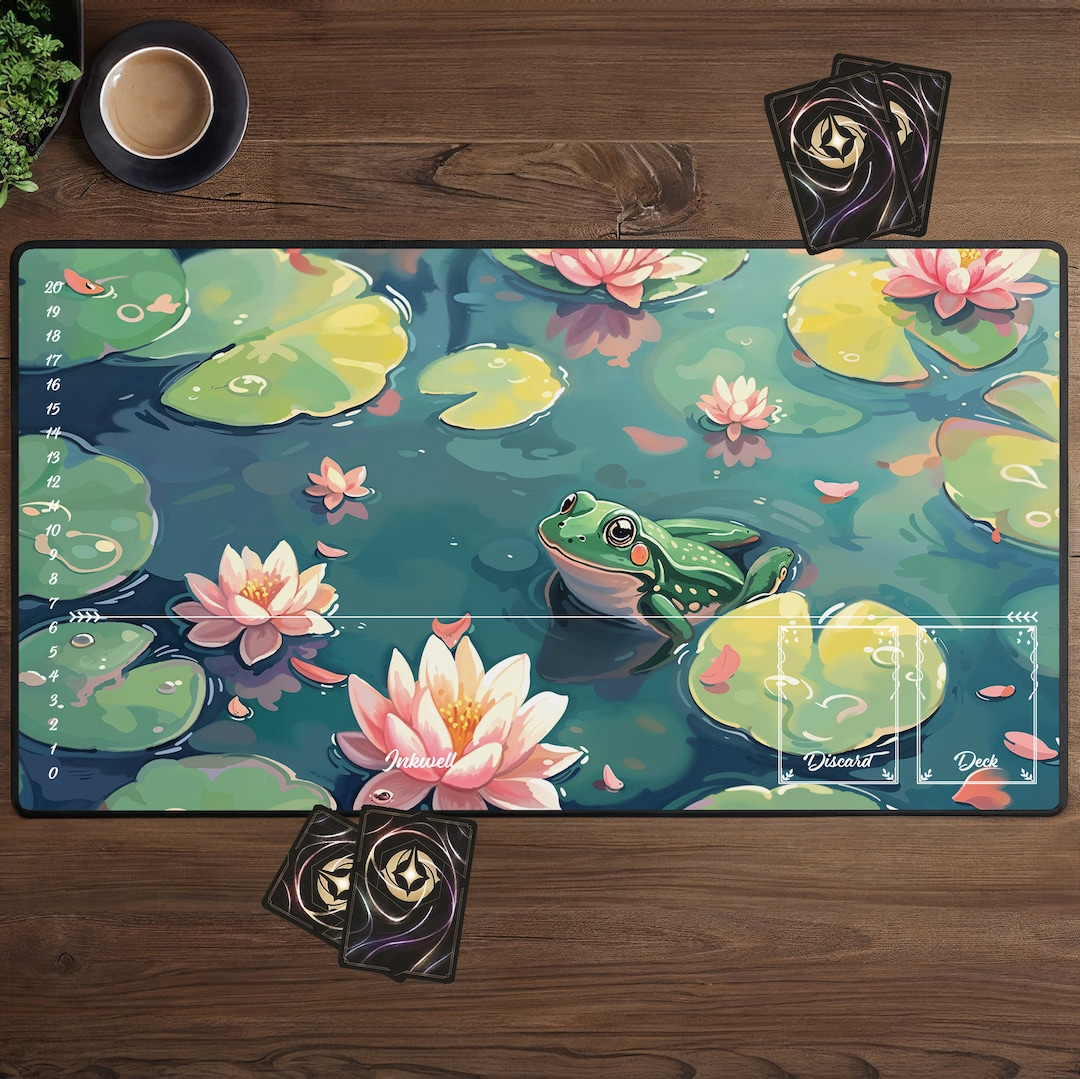 Cottagecore Frog Pond Lorcana Playmat Serene Lily Pad Design Non-slip ...