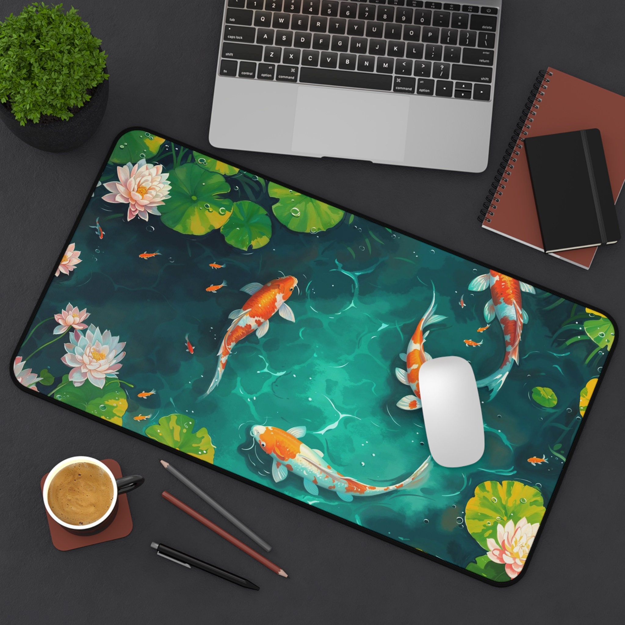 Zen Koi Fish Pond Desk Mat Lush Water Garden Mouse Pad Harmonious ...