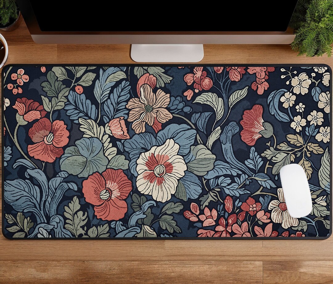 Verdant Blue Floral Desk Mat Art Nouveau Blue Plant Design Perfect ...