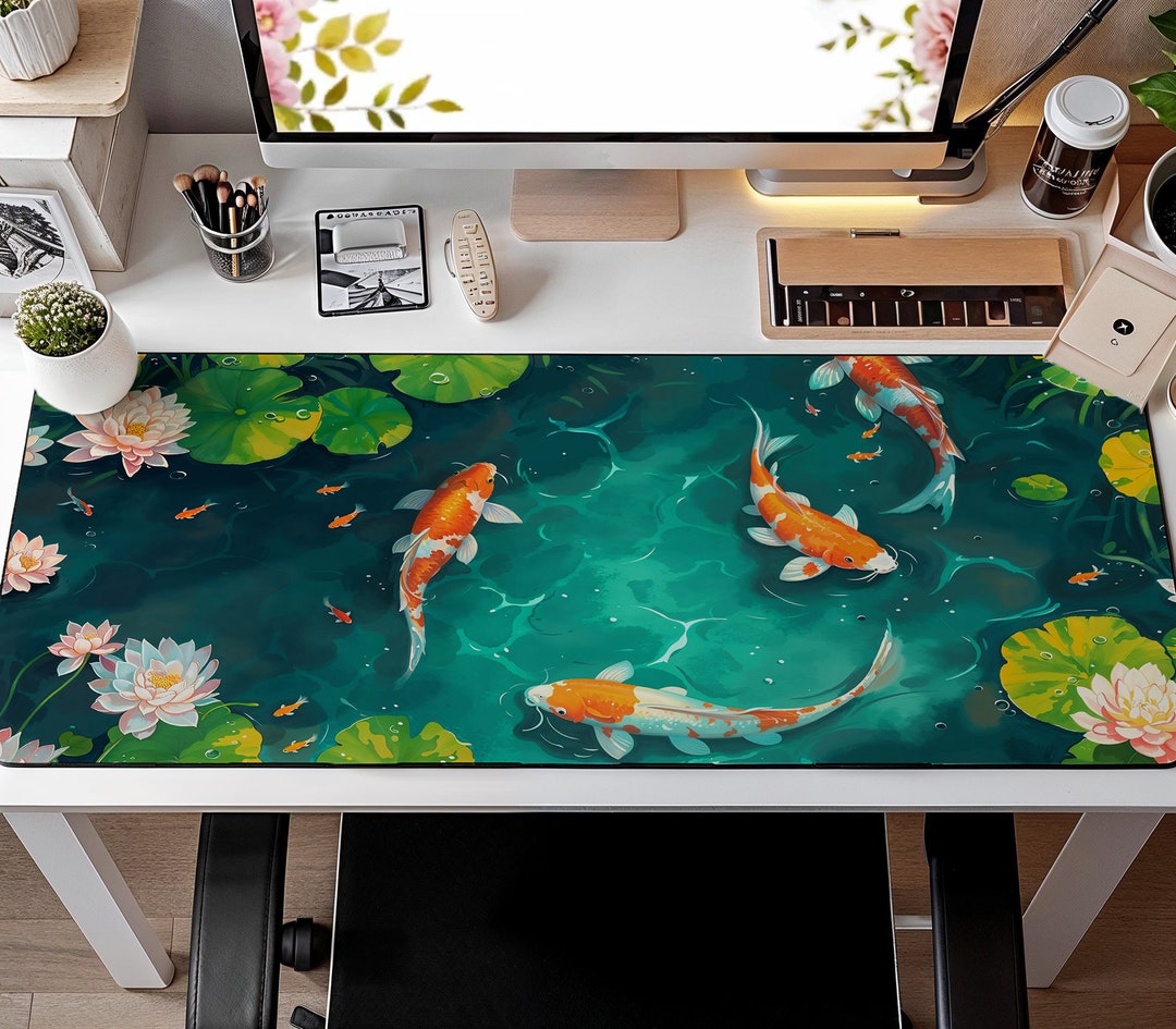 Zen Koi Fish Pond Desk Mat Lush Water Garden Mouse Pad Harmonious ...