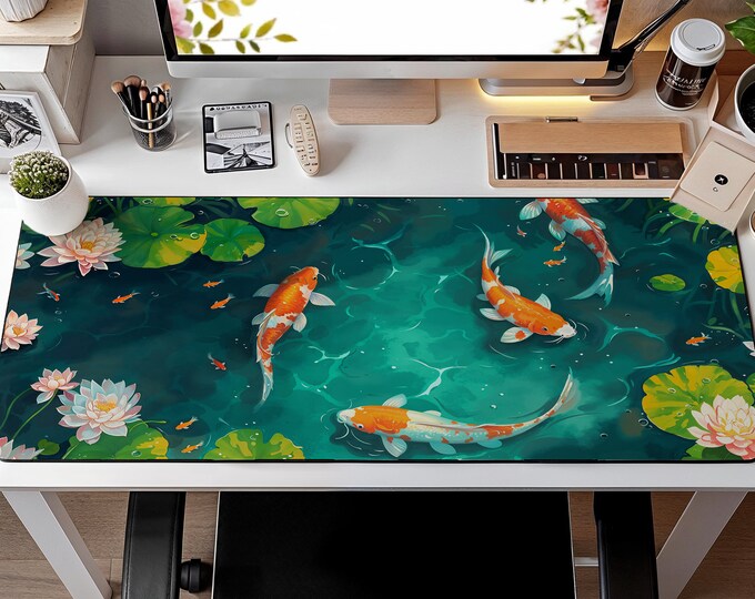 Zen Koi Fish Pond Desk Mat | Lush Water Garden Mouse Pad | Harmonious ...