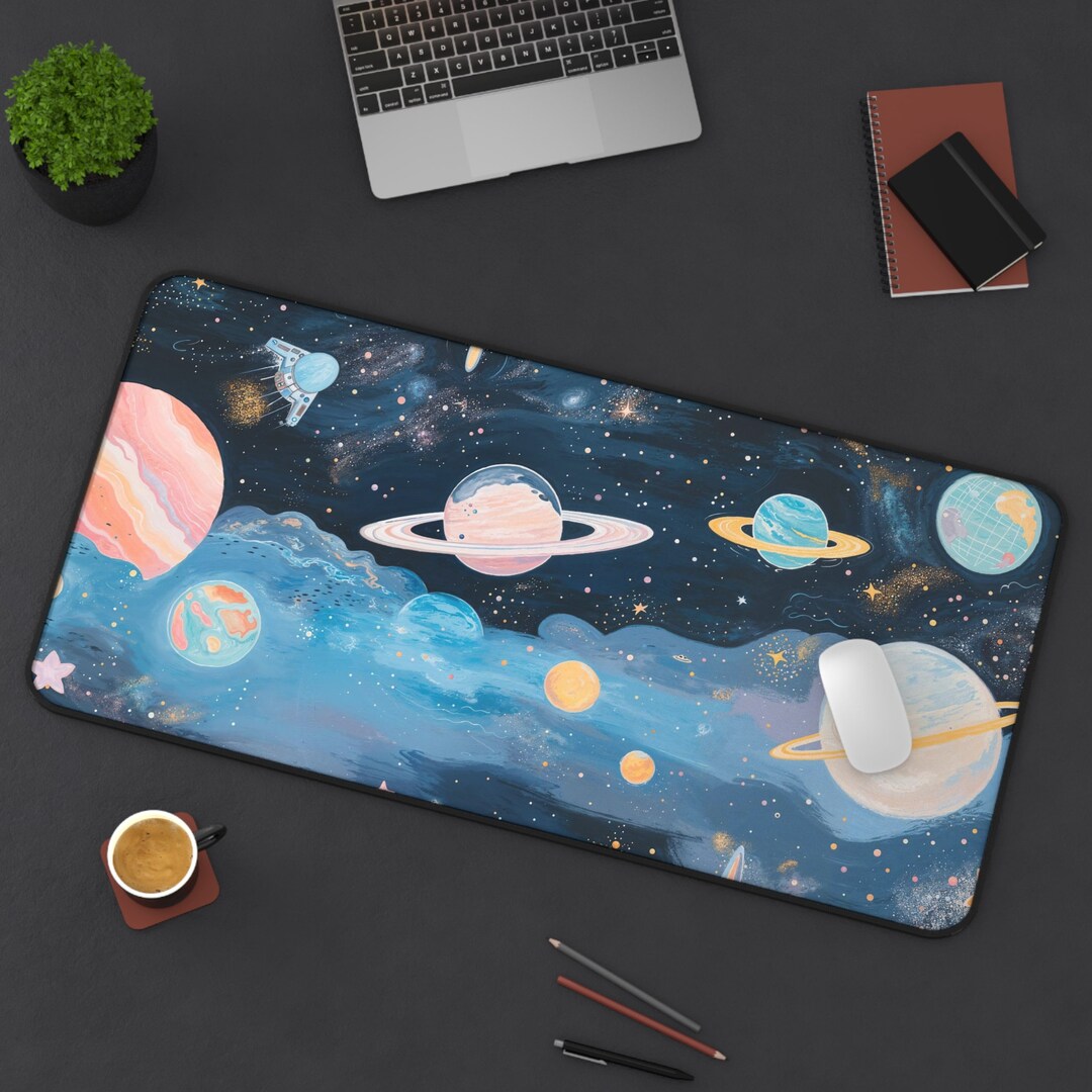 Pastel Planets Space and Stars Desk Mat Kawaii Cottagecore Galaxy Mouse ...