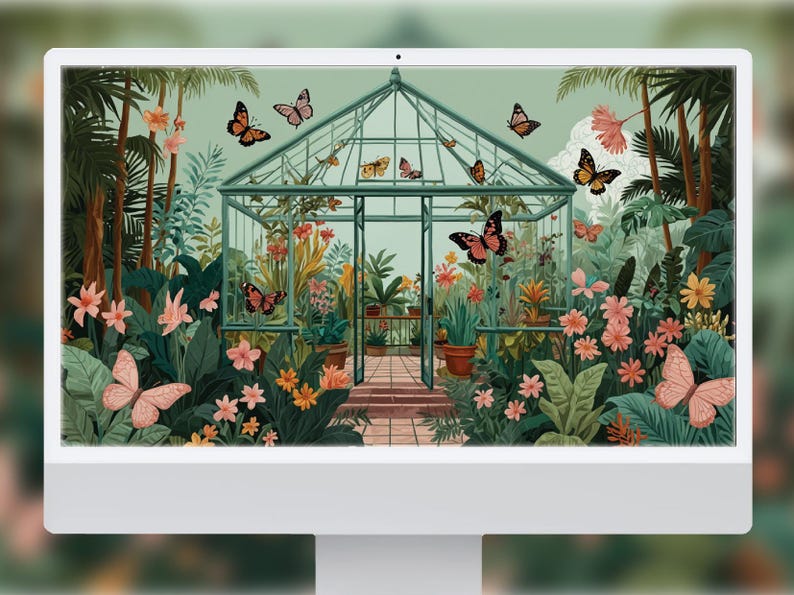 Butterfly Greenhouse Desktop Wallpaper, Illustrated Wallpaper, Phone ...