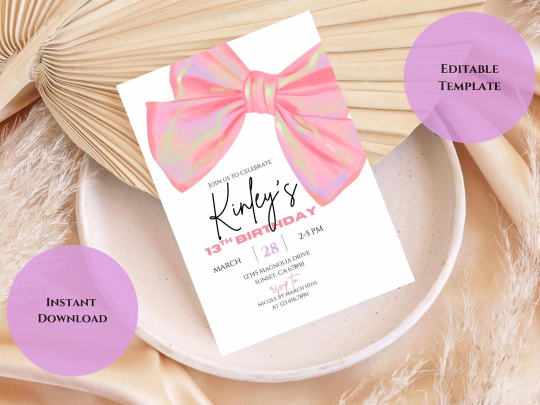 Pink Bow Birthday Invitation Template: Editable 5x7 (digital Download ...