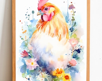 Chicken, Hen Watercolor Digital Printable Art, Animal Art, Home Decor ...