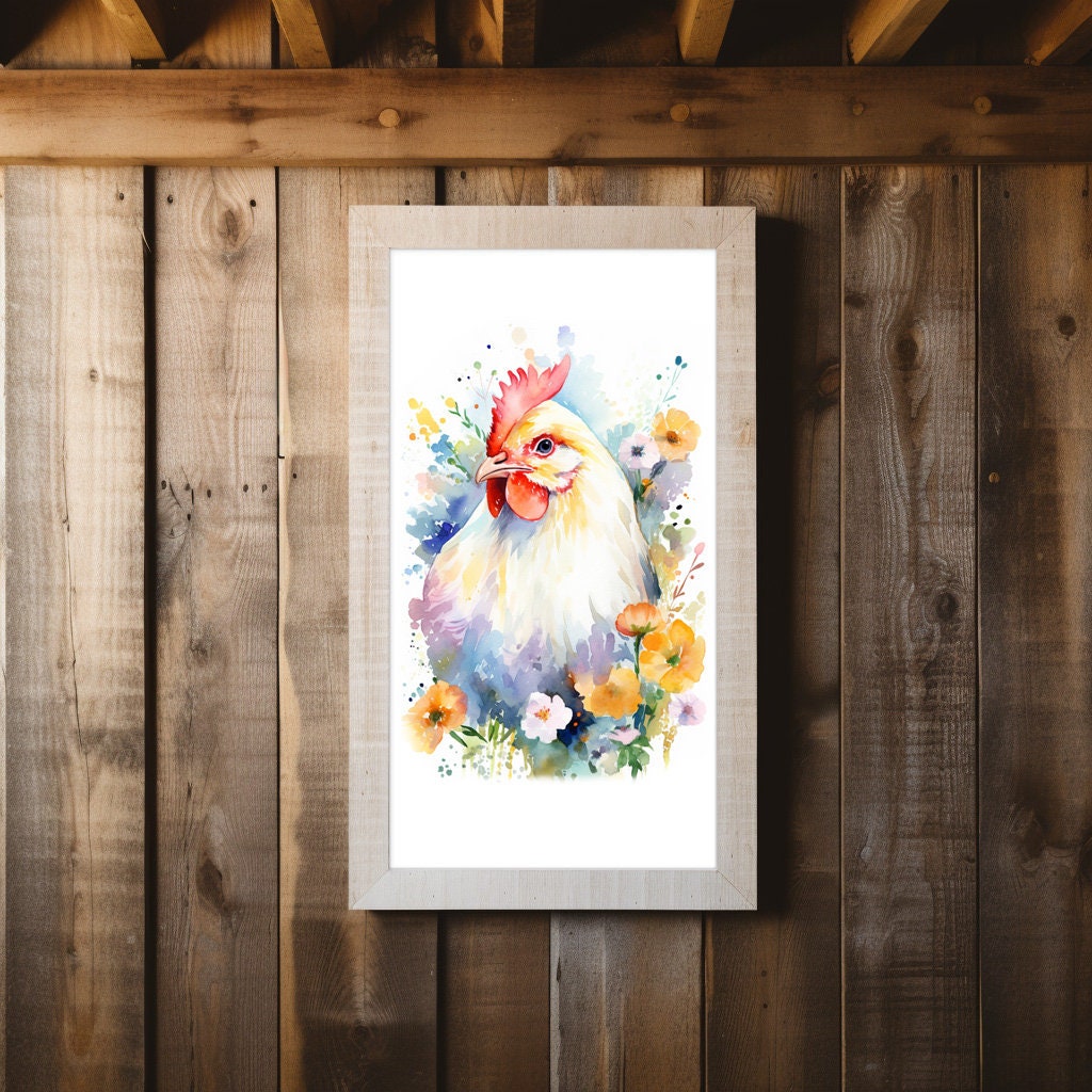 Chicken, Hen Watercolor Digital Printable Art, Animal Art, Home Decor ...
