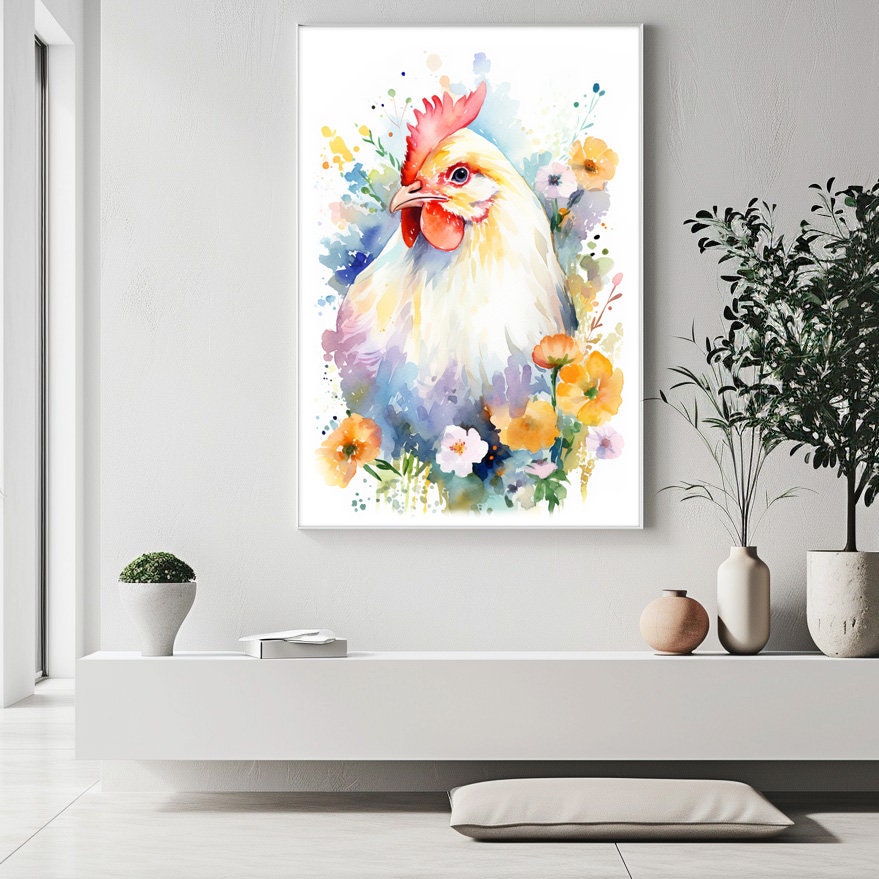 Chicken, Hen Watercolor Digital Printable Art, Animal Art, Home Decor ...