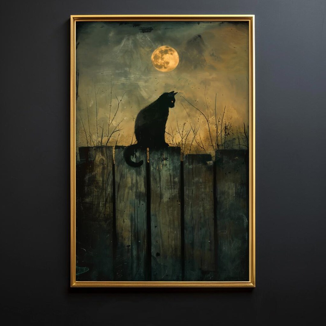 On the Fence - Printable Cat Art, Dark Animal Art, Dark Academia Art ...