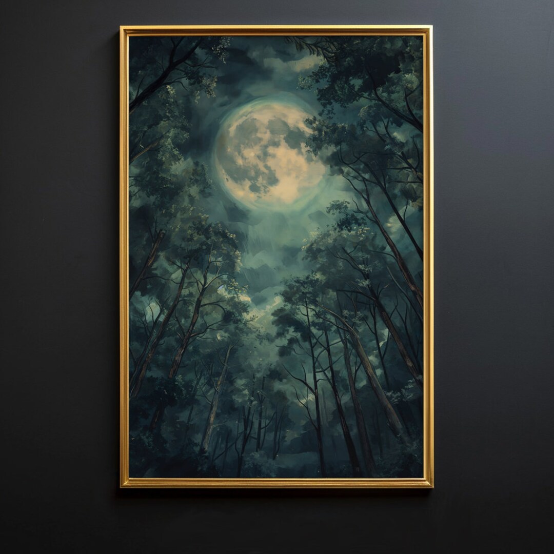 Moonlit Treetops - Printable Moon and Forest Art, Celestial Art, Moon ...