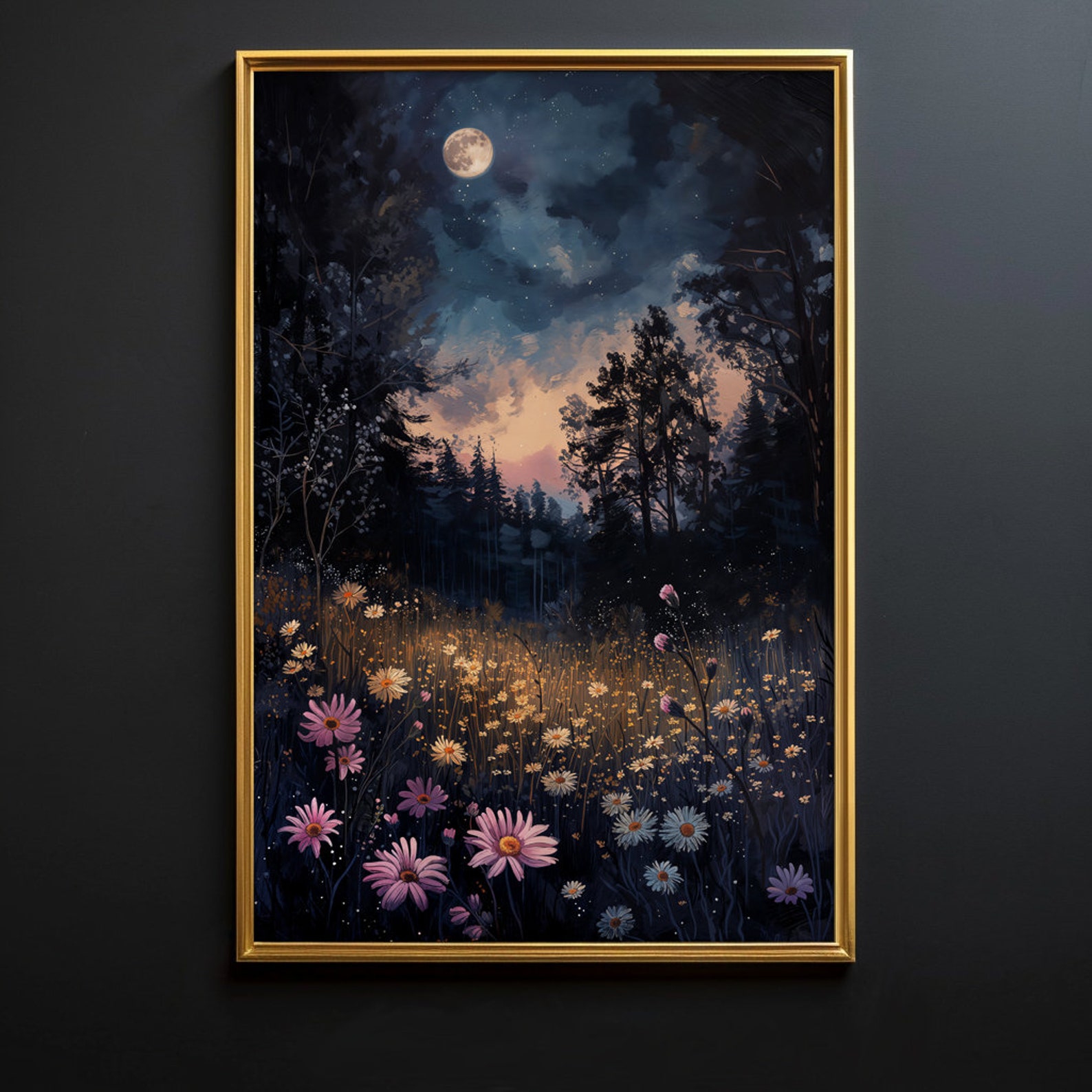 Night Bloom - Printable Floral Moon Art, Celestial Art, Moon and Stars ...