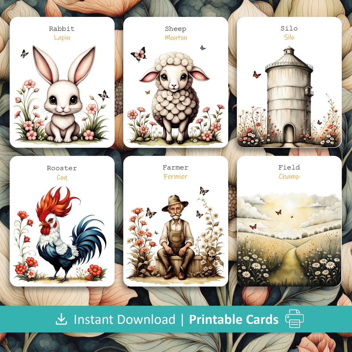 Farm Vocabulary Flashcards: English & French Learning (printable) - Etsy